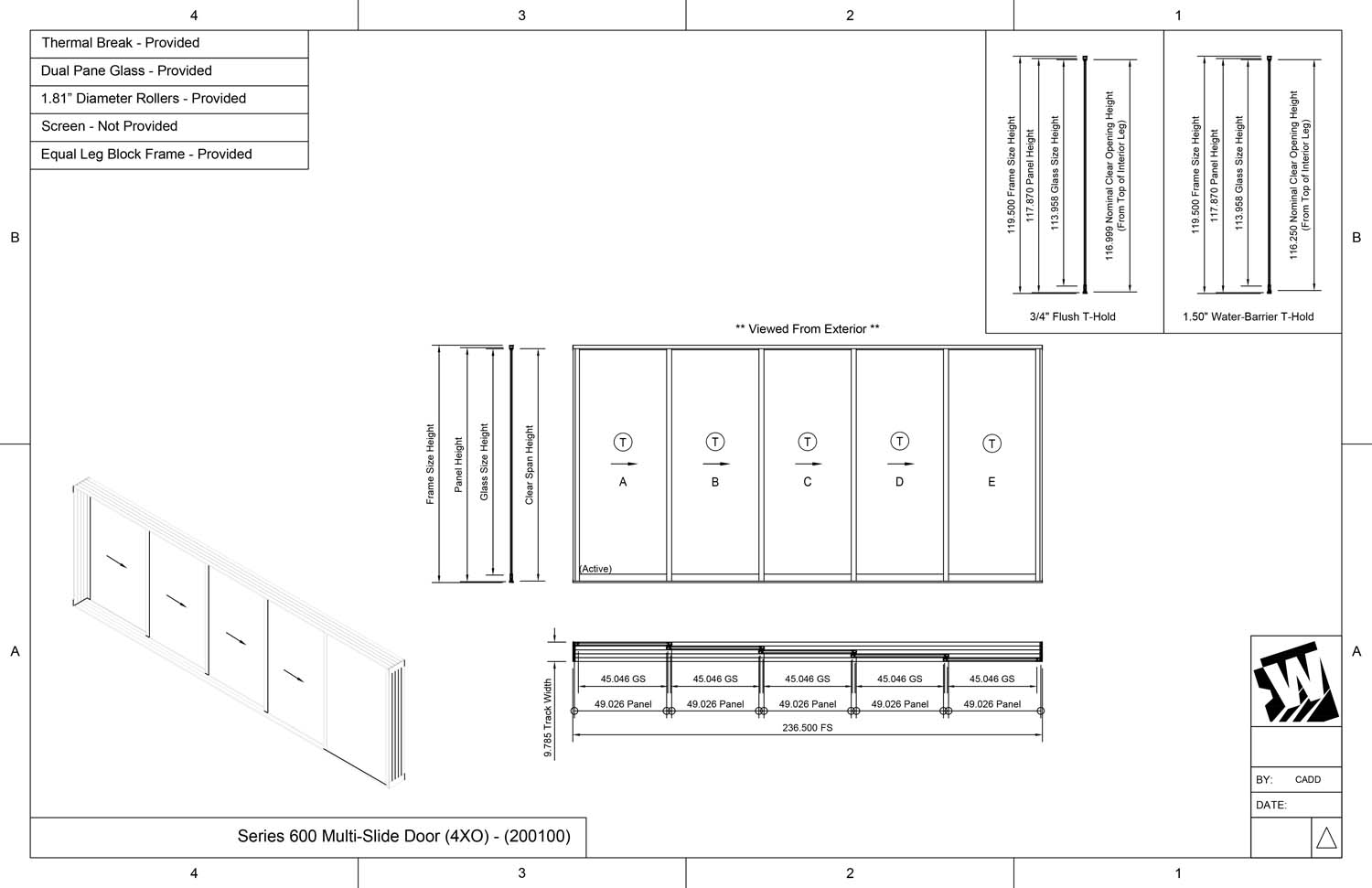 XXXXO - 4 Vent Panels Stacking with 1 Fixed Panel - (200100 - 20' Wide by 10' High) - CADdetails