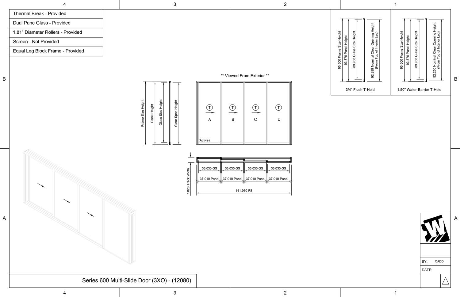 XXXO - 3 Vent Panels Stacking with 1 Fixed Panel - (12080 - 12' Wide by 8' High) - CADdetails