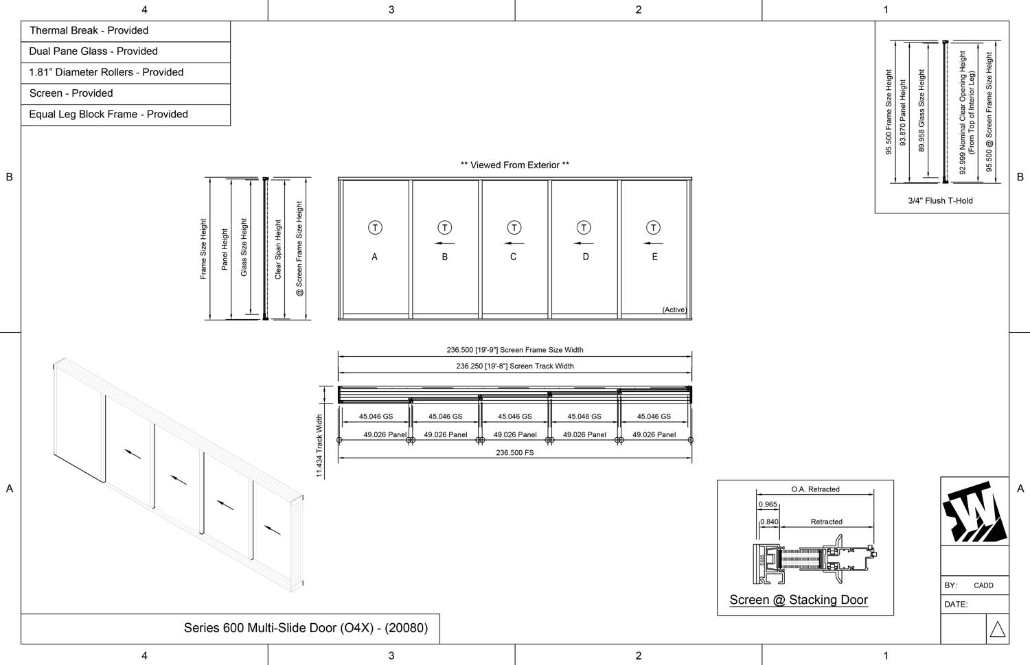 OXXXX - 1 Fixed Panel Stacking with 4 Vent Panels - (20080 - 20' Wide by 8' High) - CADdetails